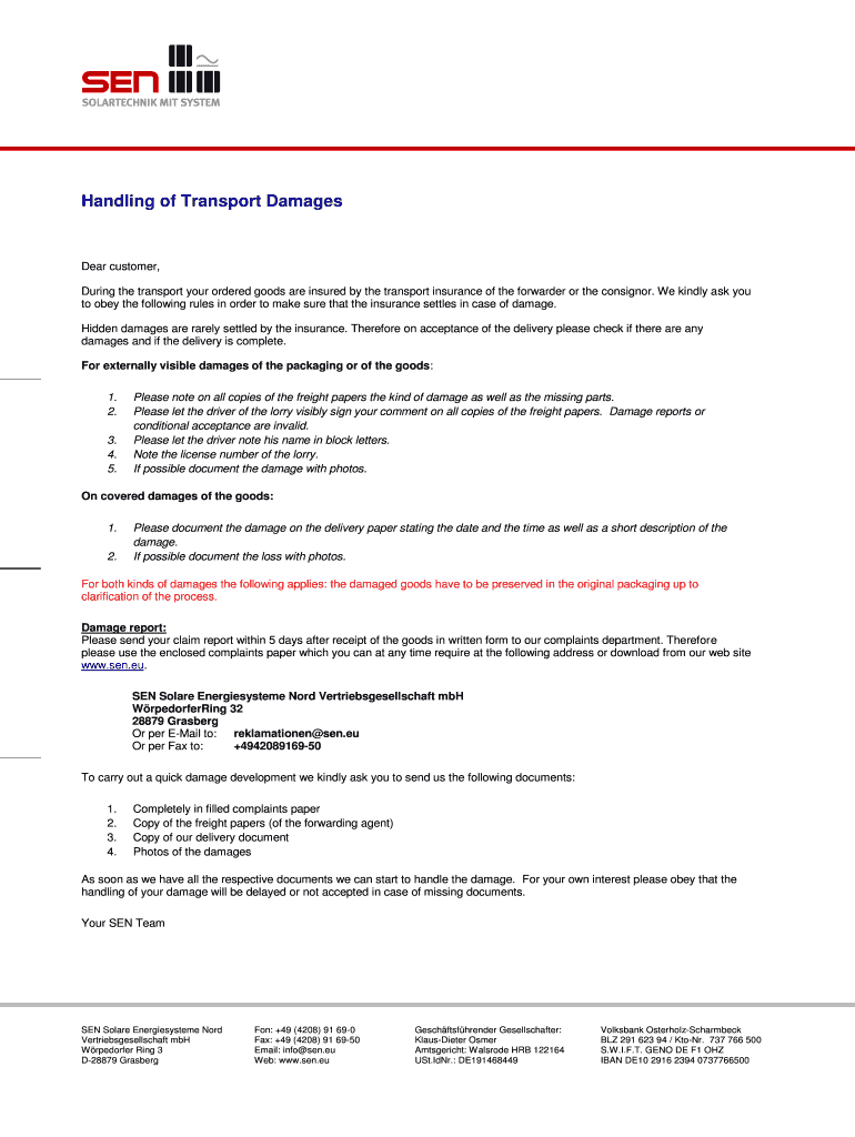 Fillable Online sen Transport damage form - SEN - sen Fax Email Print ...