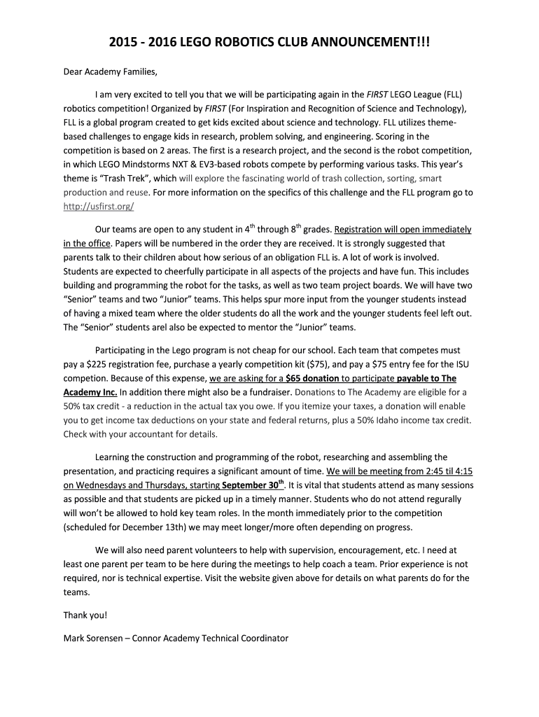 Fillable Online 2015 - 2016 LEGO ROBOTICS CLUB ANNOUNCEMENT Fax Email ...
