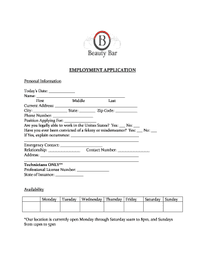 Fillable Online EMPLOYMENT APPLICATION - Beauty Bar, Inc. Fax Email ...