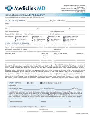 Fillable Online Individual Enrollment Form for MediclinkMD Fax Email Print - pdfFiller