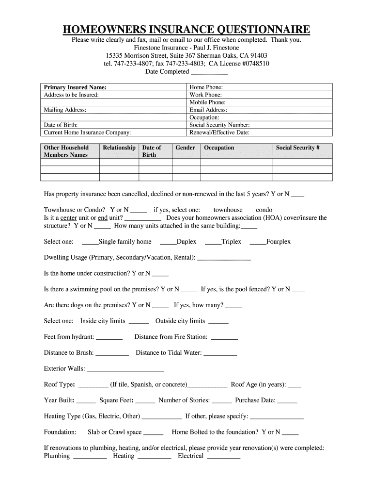 Fillable Online HOMEOWNERS QUESTIONNAIRE FOR QUOTE REQUESTS THROUGH ISN ...