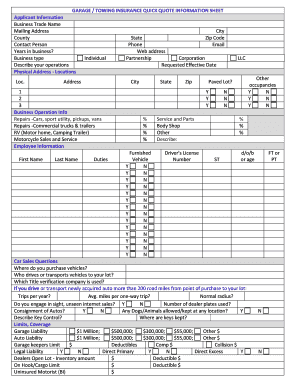 Fillable Online GARAGE TOWING bINSURANCEb QUICK QUOTE INFORMATION SHEET ...