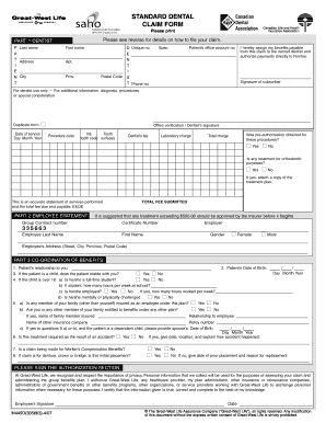 Fillable Online suncountry sk STANDARD DENTAL CLAIM FORM Canadian Life ...