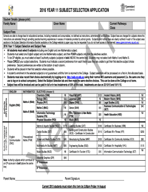 Fillable Online uppercoomerasc eq edu 2016 Year 11 Subject Selection ...