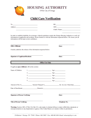 Fillable Online Child Care Verification - City of Orange Housing ...