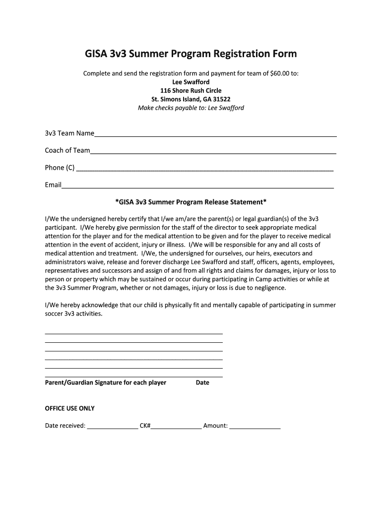 Fillable Online GISA 3v3 Summer Program Registration Form Fax Email ...