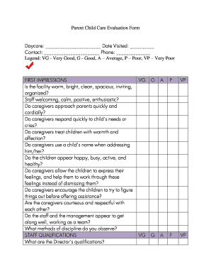 Fillable Online Parent Child Care Evaluation Form Legend VG - Very Good ...