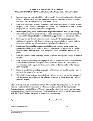 Fillable Online CATHOLIC DIOCESE OF LANSING CODE OF CONDUCT FOR CLERGY ...