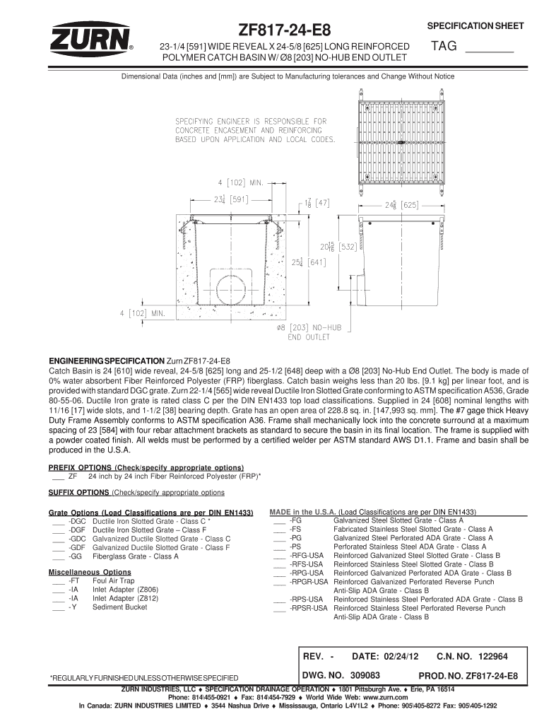 Fillable Online zurn eriepa SPECIFICATION SHEET ZF81724E8 231/4 591 ...