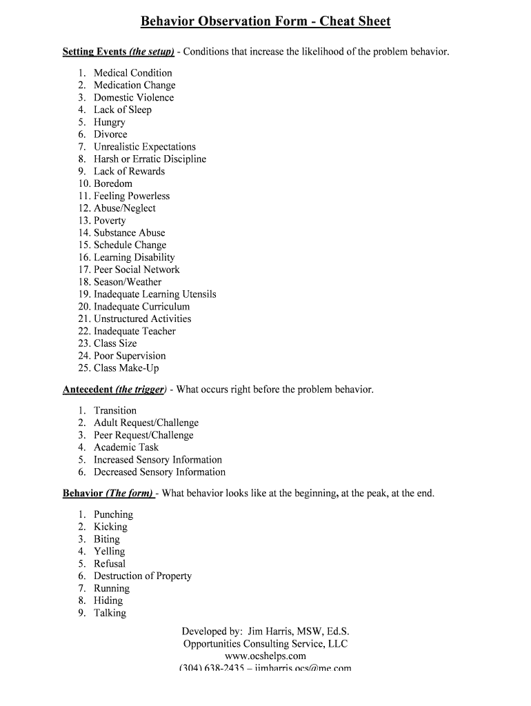 Fillable Online Behavior Observation Form - Cheat Sheet Fax Email Print ...