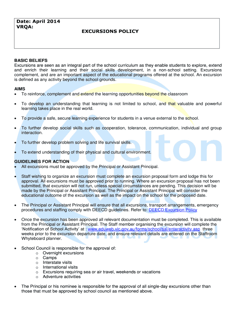 Fillable Online meltonwestps vic edu EXCURSIONS POLICY - Melton West ...