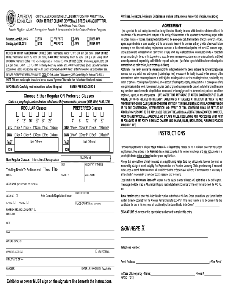 Fillable Online CAIRN TERRIER CLUB OF DENVER ALL BREED AKC AGILITY ...