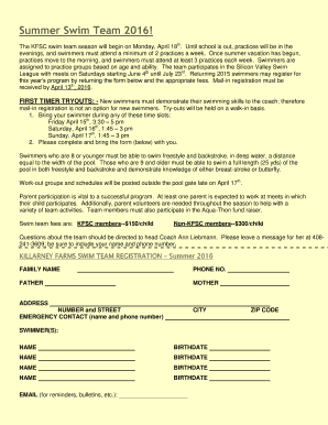 Fillable Online Swim Team Information - Killarney Farms Fax Email Print - pdfFiller