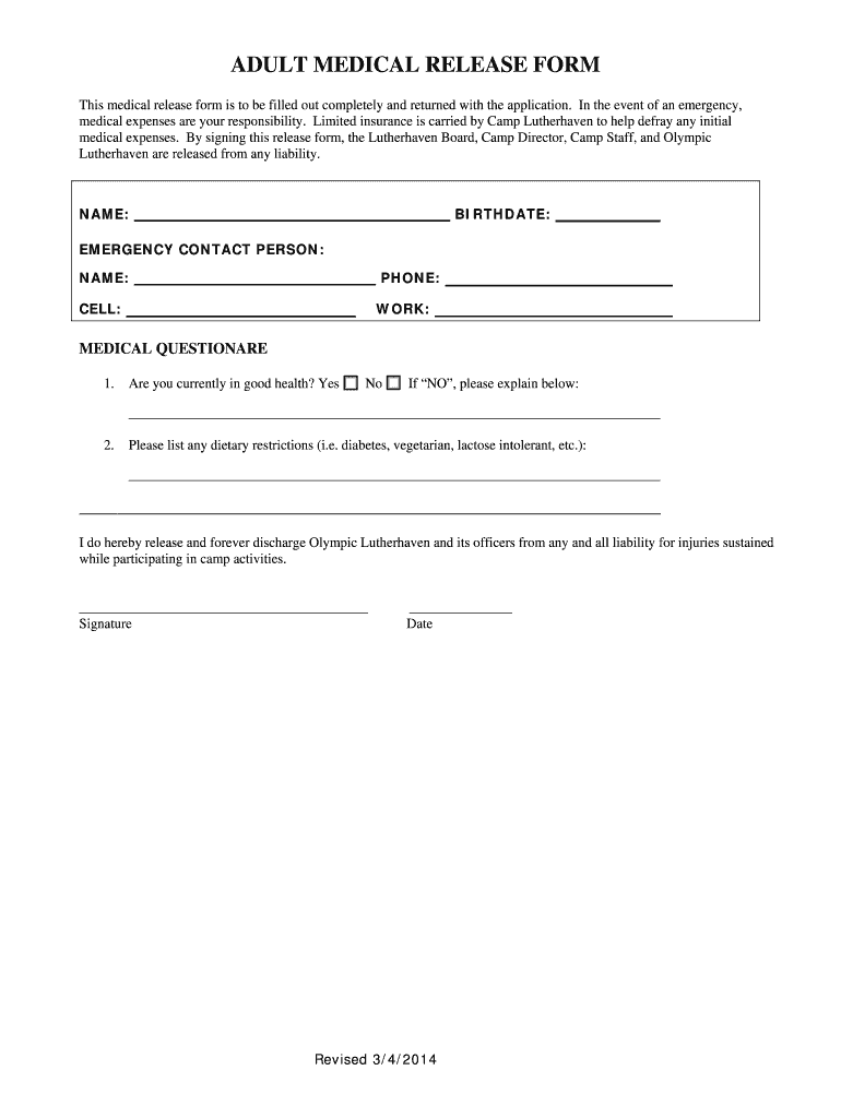 Fillable Online olympiclutherhaven Adult Medical Form - Olympic Lutherhaven Fax Email Print ...