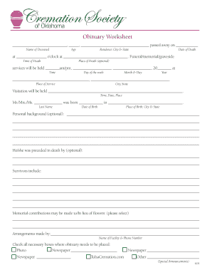 Fillable Online Obituary Worksheet - Cremation Society Fax Email Print ...