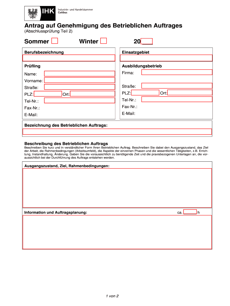 Ausfüllbar Online cottbus ihk Antrag auf Genehmigung des Betrieblichen Auftrages ... - IHK ...