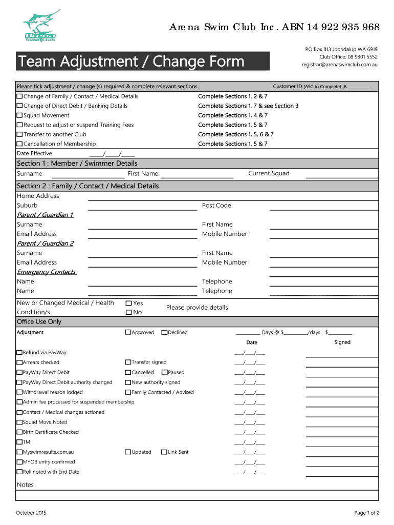 Fillable Online Team Adjustment Change Form Club Office 08 9301 5552 ...