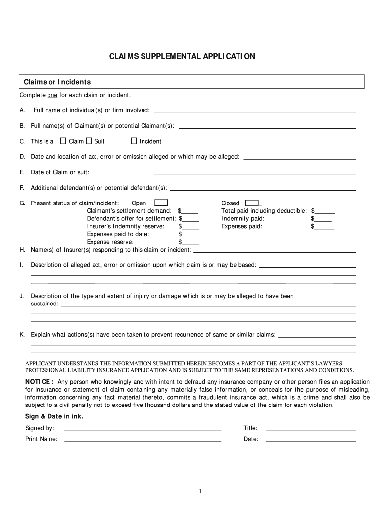 Fillable Online CLAIMS SUPPLEMENTAL APPLICATION - JLT Facilities Fax ...