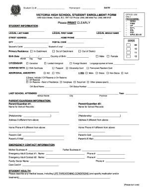Fillable Online ID VICTORIA HIGH SCHOOL STUDENT ENROLLMENT FORM OFFICE ...