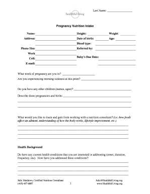 Fillable Online Pregnancy Nutrition Intake Fax Email Print - pdfFiller