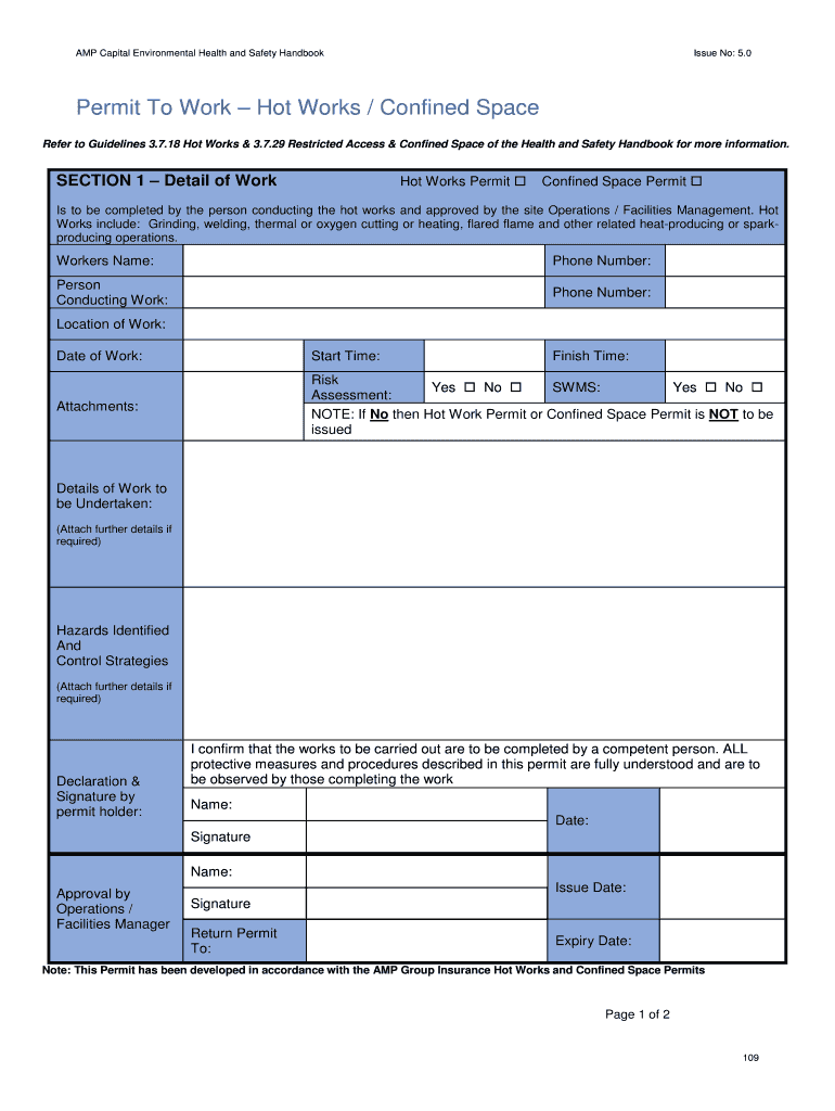 Fillable Online Permit To Work Hot Works Confined Space Fax Email Print ...