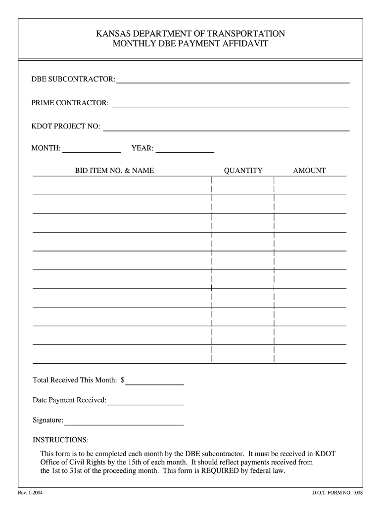 Fillable Online ksdot1 ksdot KDOT Monthly DBE Payment Affidavit DOT ...