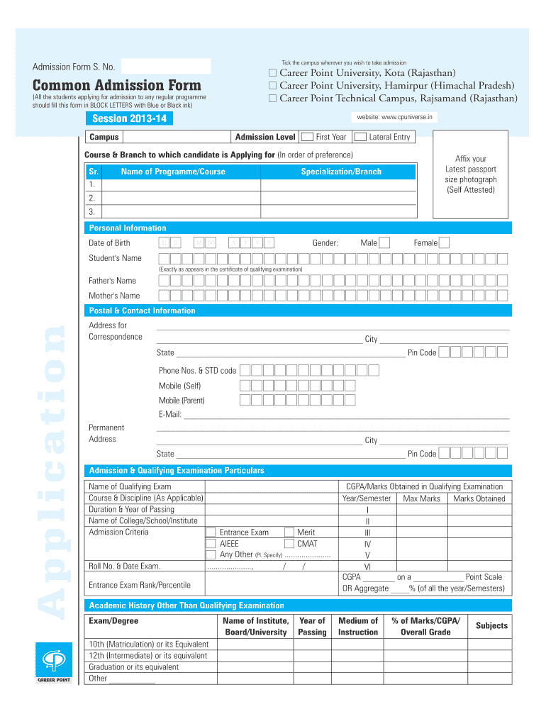 Fillable Online Admission Form S No Common Admission Form Fax Email ...
