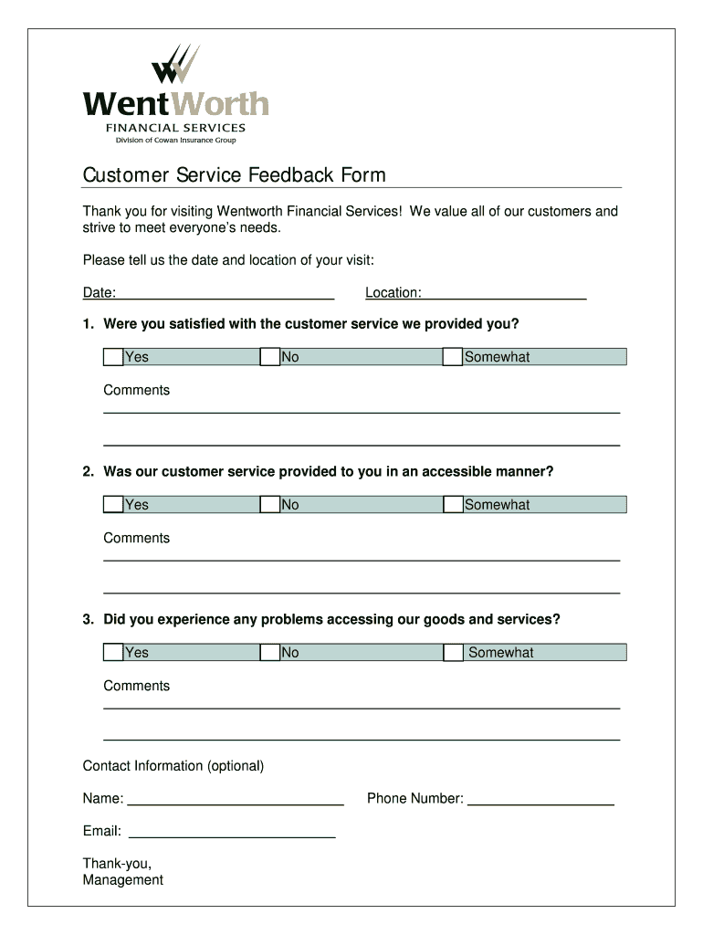 Fillable Online AODA Customer Feedback Form - Wentworth Financial Fax Email Print - pdfFiller