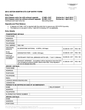 Fillable Online amocracing 2013 ASTON MARTIN GT3 CUP ENTRY FORM - AMOC ...