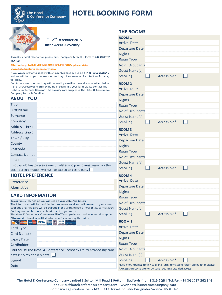 Fillable Online paintshow co HOTEL BOOKING FORM - National Painting and ...