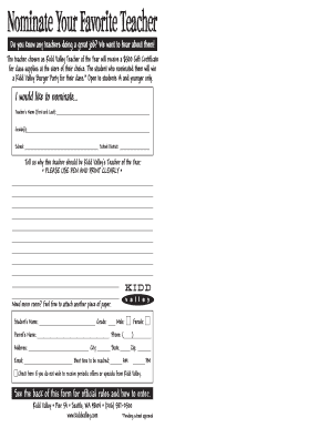 Fillable Online Nominate Your Favorite Teacher - Kidd Valley Fax Email Print - pdfFiller