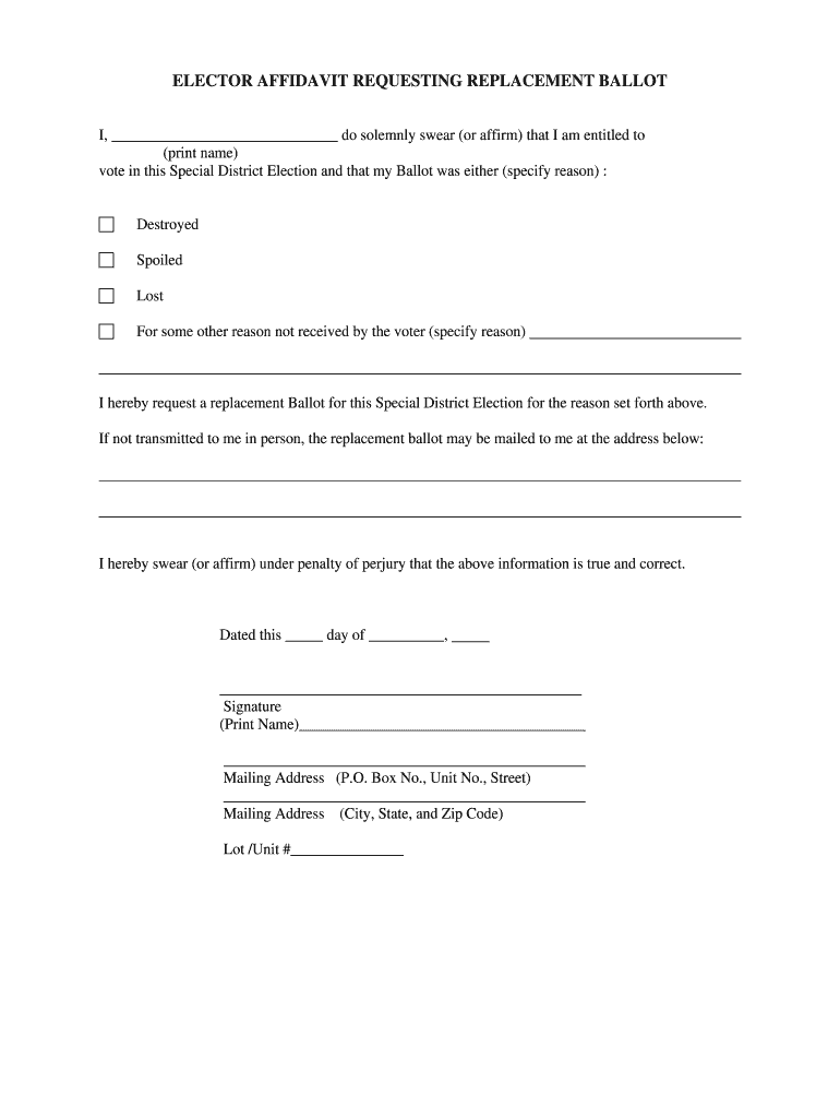 Fillable Online rafterj ELECTOR AFFIDAVIT REQUESTING REPLACEMENT BALLOT ...