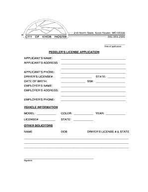 Fillable Online PEDDLERS LICENSE APPLICATION - bknobnostergovbbcomb Fax ...