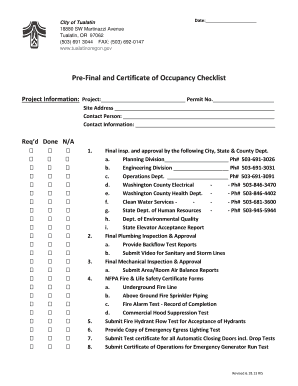 Fillable Online Pre-Final and bCertificateb of bOccupancyb Checklist ...
