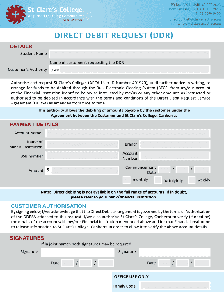 Fillable Online stcc act edu Direct Debit Request Form - St Clare's College Fax Email Print ...