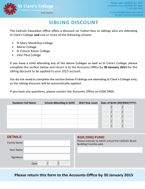 Fillable Online stcc act edu Sibling Discount form - St Clare's College ...
