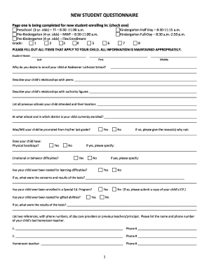 Fillable Online school redeemerwayzata NEW STUDENT QUESTIONNAIRE Fax ...
