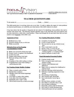 Fillable Online Teacher questionnaire - Focus Vision Therapy Center Fax ...