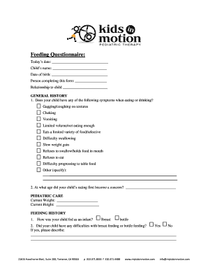 Fillable Online Feeding Questionnaire - Kids in Motion (KIM) Pediatric ...