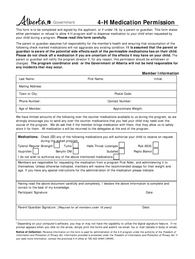 Fillable Online www1 agric gov ab 4-H Medication Permission Form - Alberta Fax Email Print ...