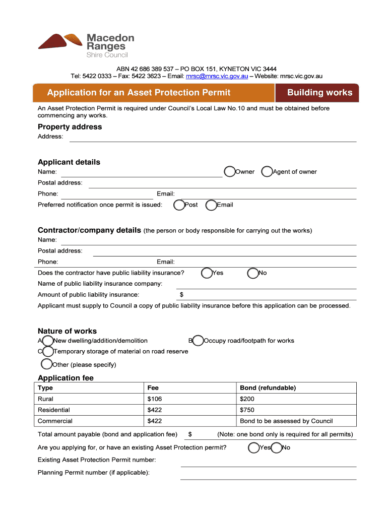 Fillable Online Application for an Asset Protection Permit Building ...