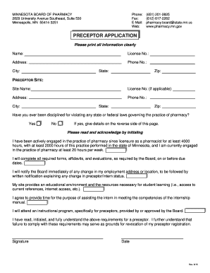 Fillable Online mn MN Board of Pharmacy Preceptor Application - Fax ...