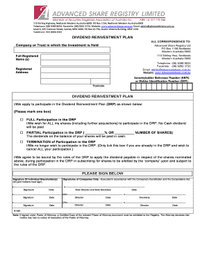 Fillable Online DIVIDEND REINVESTMENT PLAN FORMdoc Fax Email Print - pdfFiller