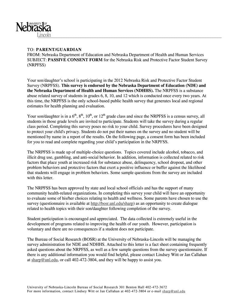 Fillable Online bosr unl SUBJECT PASSIVE CONSENT FORM for the Nebraska ...