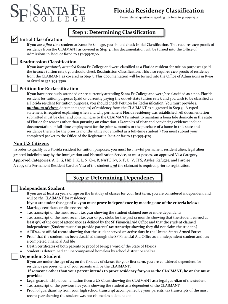 Fillable Online dept sfcollege Florida Residency Classification - Santa Fe College Fax Email ...