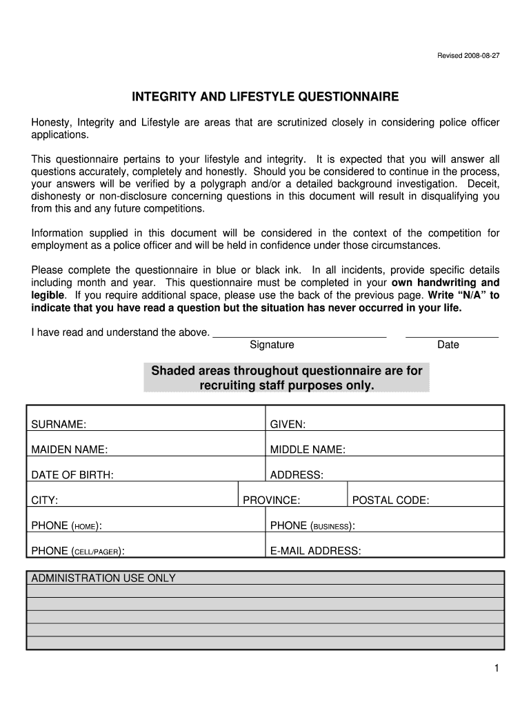 Fillable Online Integrity and lifestyle questionnaire - Port Moody ...
