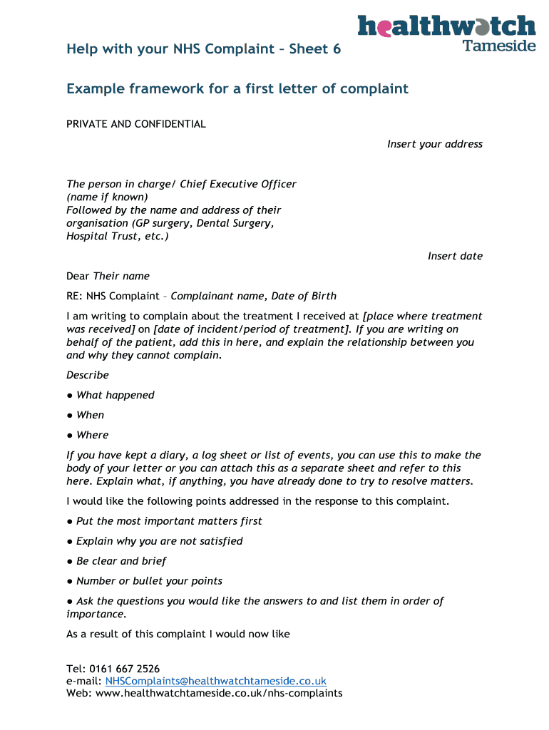 Fillable Online Help with your NHS Complaint Sheet 6 Fax Email Print ...