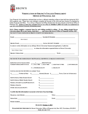 Fillable Online brown 2013-14 Sibling Verification Form - Brown ...