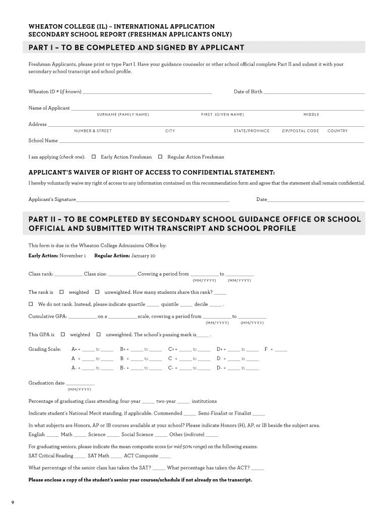 Fillable Online Wheaton College International Application Secondary School Report Fax Email ...
