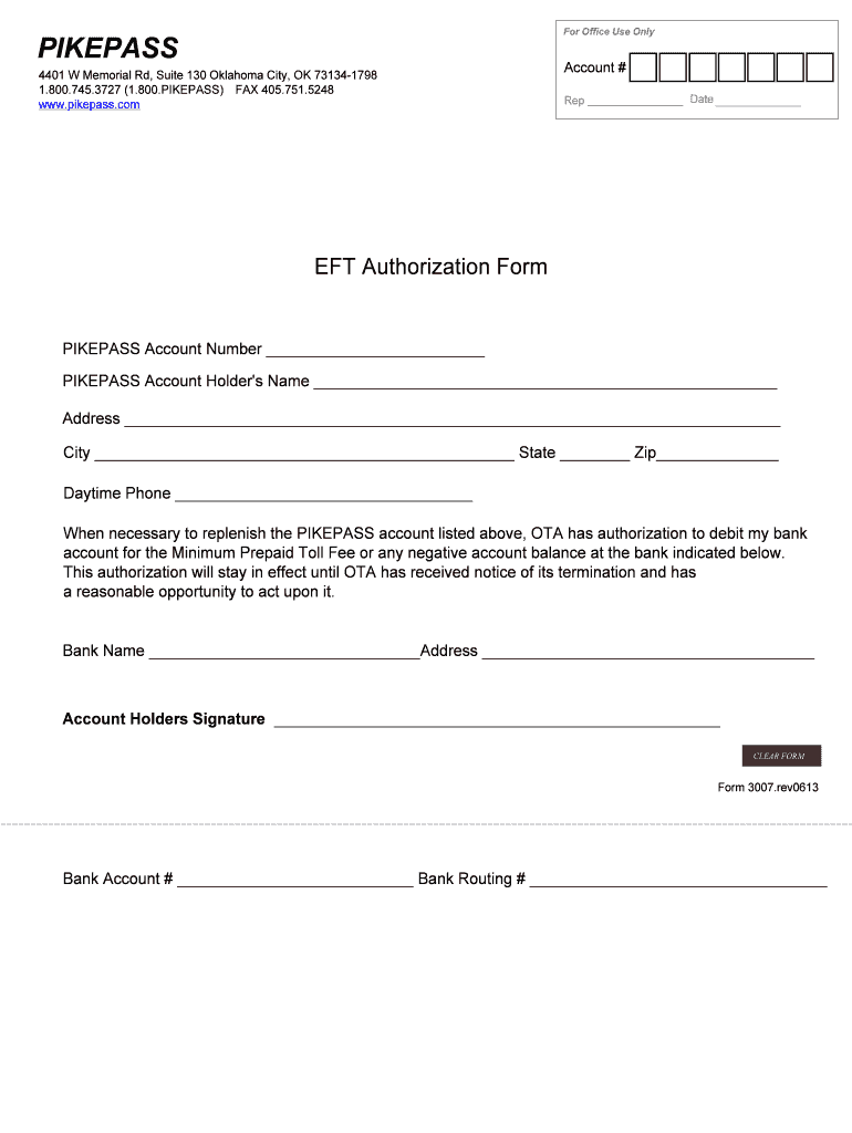Fillable Online PIKEPASS EFT Authorization Fax Email Print - pdfFiller